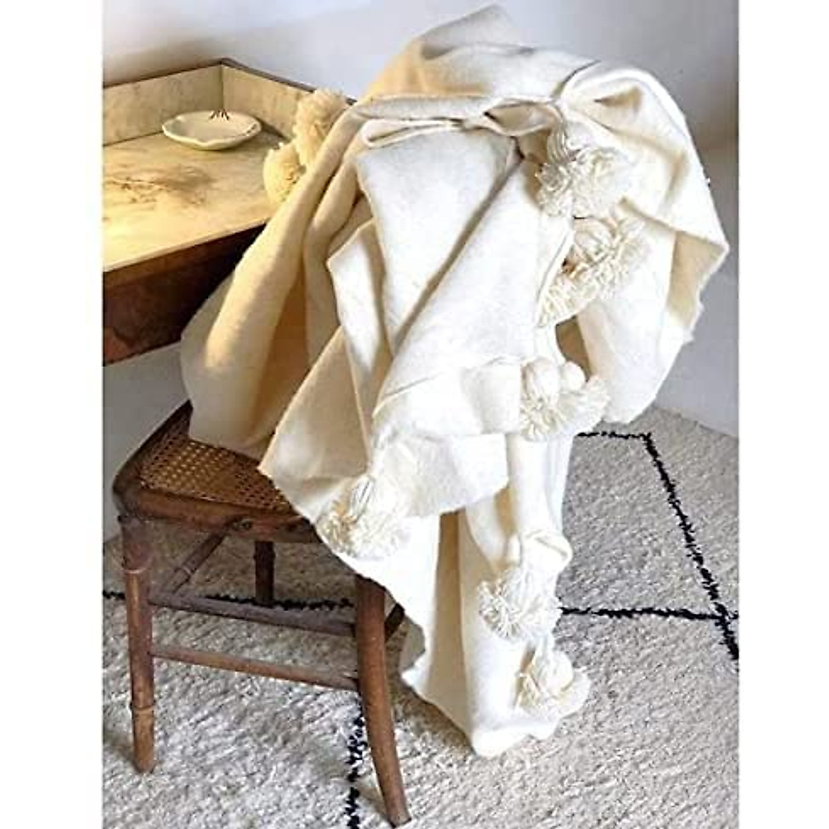 Moroccan Blanket Pom Pom Throw with Tassels Handwoven Cotton King Bed Size (Small - 59 in x 59 in)