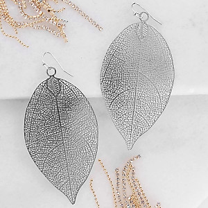 Humble Chic Big Filigree Leaf Earrings - Lightweight Cutout Oversized Drop Dangles - Long Vintage-Style Dangling Drops, 3.5" inch - Large Silver