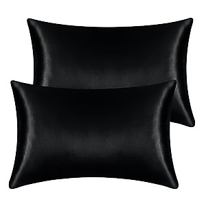 Satin Silk Pillowcases for Hair and Skin 2 Pack Standard Size Pillow Cases Wrinkle Resistant Ultra Soft Pillow Covers with Envelope Closure(Black, 20”X26”)