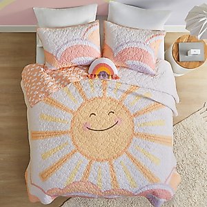 Urban Habitat Kids Twin Quilt Bedding Set Twin Coverlet Cotton Coverlet Sun Girls Twin Bedding Set Rainbow & Clouds Reversible Dawn Light & Breathable Sham Throw Pillow Twin Yellow/Coral 3 Piece