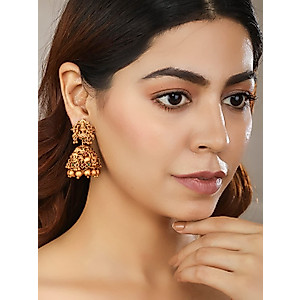 Priyaasi Golden Traditional Indian Jhumka Earring for Women | Goddess Design | Kemp Stone-Studded | Gold Plated | Pushback Closure | Bridal Earring for Wedding & Puja