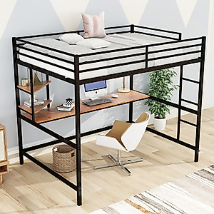Full Size Loft Bed with Desk and Storage Shelves,Heavy-Duty Loft Bed Full for Kids,Metal Loft Bed Frame with Safety Guardrail,Space-Saving(Full,Black)