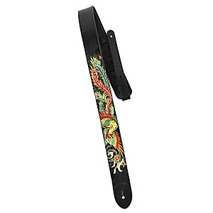 Walker And Williams KB-31 Skinny Series 2" Wide Flat Black Premium Grain Leather Padded Guitar Strap With Hand Tooled Red And Gold Phoenix Design