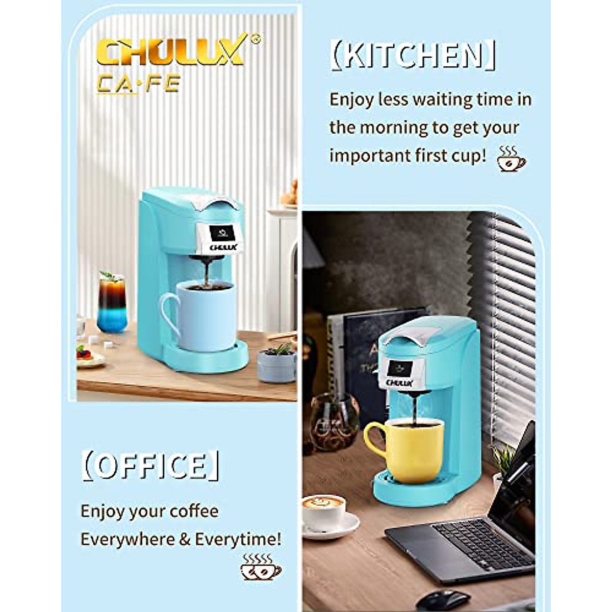 CHULUX Upgrade Single Serve Coffee Maker for K CUP, Mini Coffee Maker Single Cup 5-12oz Coffee Brewer, 3 in 1 Coffee Machine for K Cups Pod Capsule Ground Coffee Tea, One Touch Fast Brewing in Minutes