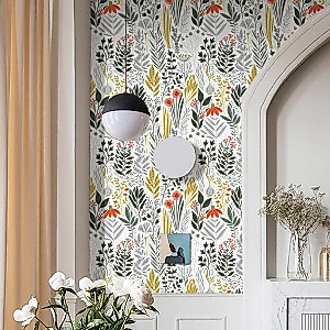 Livebor Floral Wallpaper Peel and Stick Wallpaper Floral Contact Paper 17.7inch x 118.1inch Modern Green Leaf Wallpaper Boho Floral Wallpaper Self Adhesive Wallpaper for Bedroom Leaves Wallpaper Vinyl