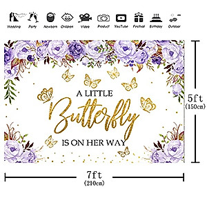 Aperturee A Little Butterfly is On The Way Baby Shower Backdrop 7x5ft Purple Floral Gold Dots Girls Princess Photography Background Party Decoration Supplies Cake Table Banner Photo Booth Props