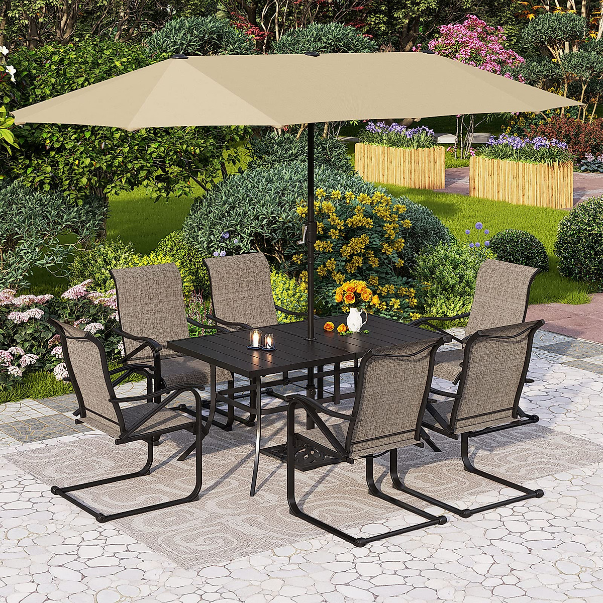 PHI VILLA 7 Piece Outdoor Dining Set with 13ft Double-Sided Large Umbrella for 6, Rectangle Metal Steel Dining Table & Textilene C-Spring Chairs Furniture Set for Patio (Beige)