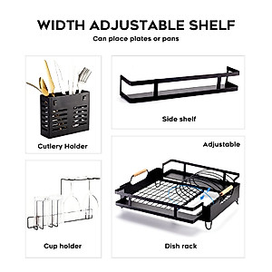 KIBEE Large Dish Drying Rack Drainboard Set,Rustproof Stainless Steel Dish Rack with Utensil Holder,Wine Glass Holder,Dish Drainers for Kitchen Counter (Black)