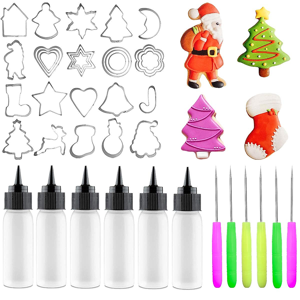 Artcome 40Pcs Christmas Cookie Decorating Tool Set, 28Pcs Cookie Cutters, 6Pcs Easy Squeeze Write Bottles and 6Pcs Sugar Stir Needles, Cookie Decorating Supplies Kit For DIY Cookies and Cakes