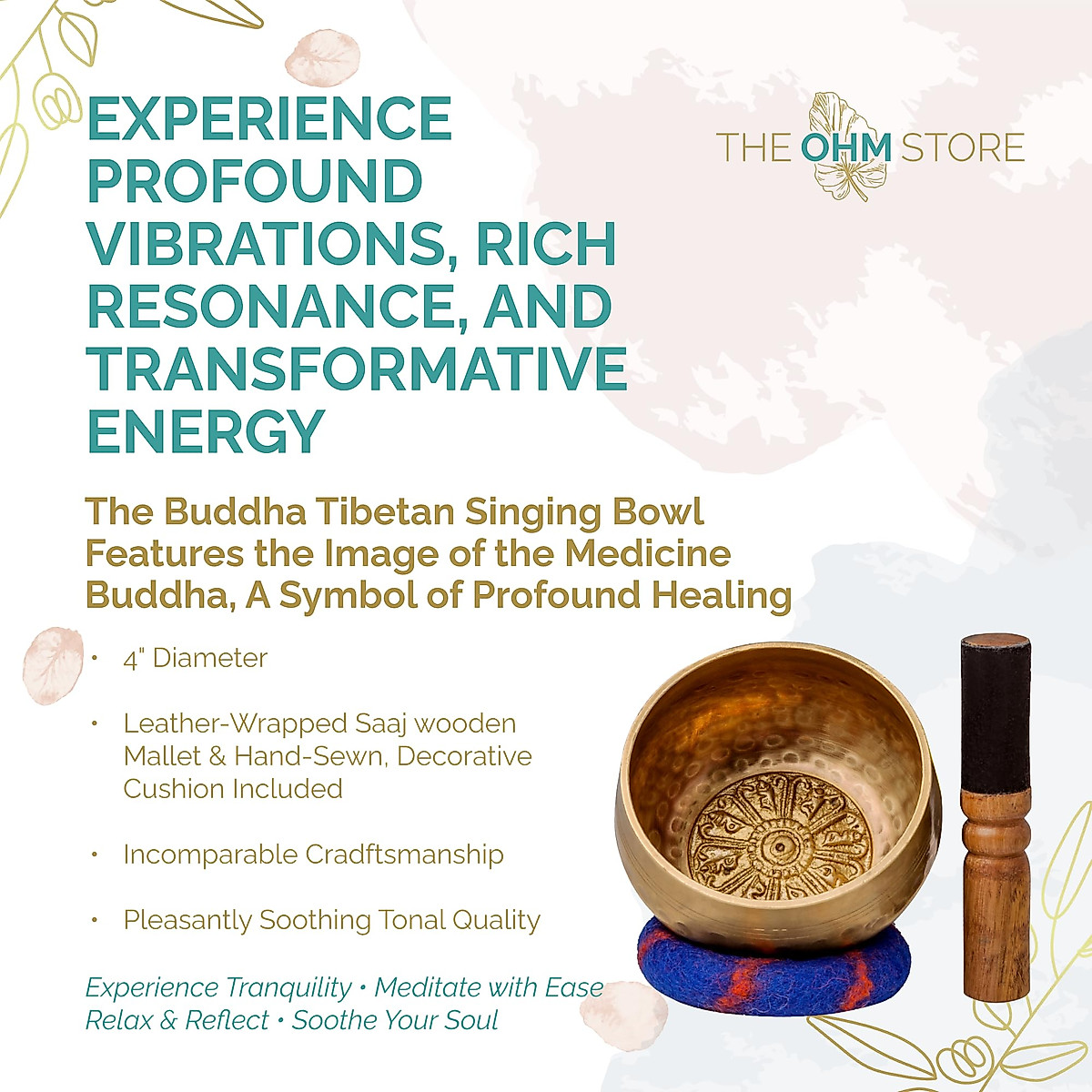 Tibetan Singing Bowl Set by The Ohm Store with 'Medicine Buddha' Engraving — Meditation Sound Bowl and Wooden Striker Handcrafted in Nepal — Spiritual Gift for Women and Men