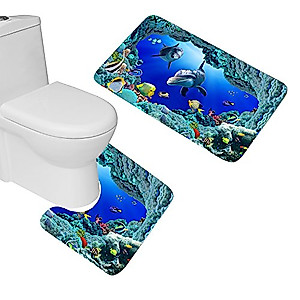 Amagical 3 Piece Ocean Style Underwater World Dolphin Bathroom Mat Contour Mat Fabric Shower Curtain Bathroom Shower Curtain Sets with 12 Hooks