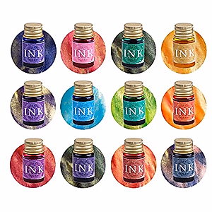 OFUN Glass Pen and Ink Set, Beginners Calligraphy Dip Pens for Art Drawing, Gift Card Writing, Rainbow Crystal Kit with 2 Pcs Pens, 12 Gold Powder Inks, Cleaning Cup, Holder