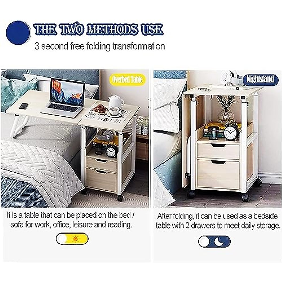 GFertre 2 in 1 Overbed Table with Wheels, Bedroom Side Table, Foldable Bedside Table with Drawer, Height Adjustable Over Bed Desk Laptop Mobile Computer Desk Workstation with Wheels Nightstand (White)
