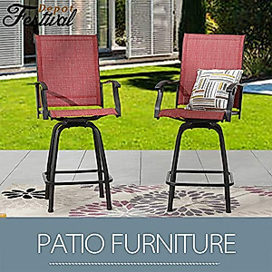 Festival Depot 2pcs Patio Dining Set Bar Height Stools Swivel Chairs with Armrest All Weather Metal Outdoor Furniture for Bistro Yard (Red)