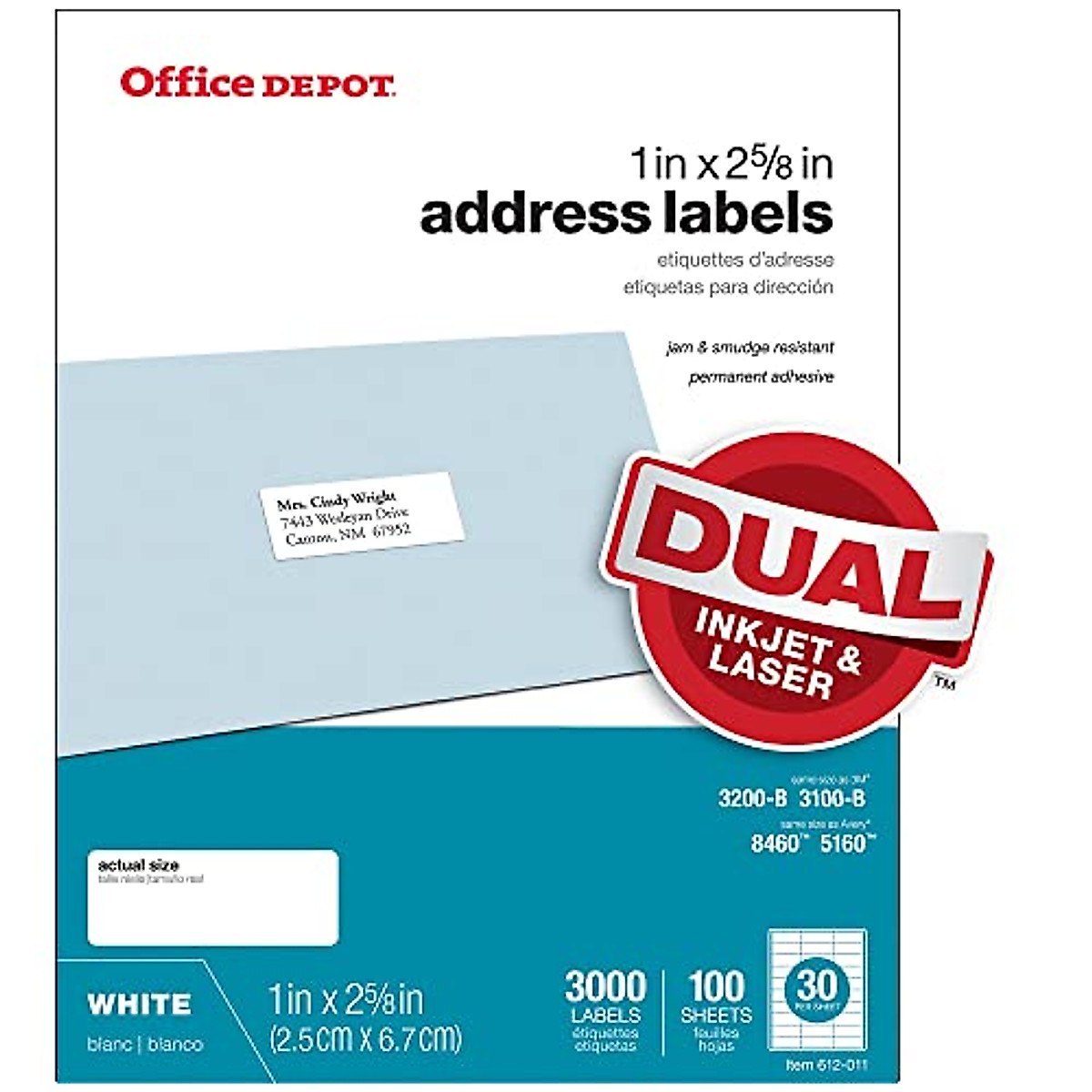 Office Depot White Inkjet/Laser Address Labels, 1in. x 2 5/8in., Box Of 3,000, 505-O004-0004