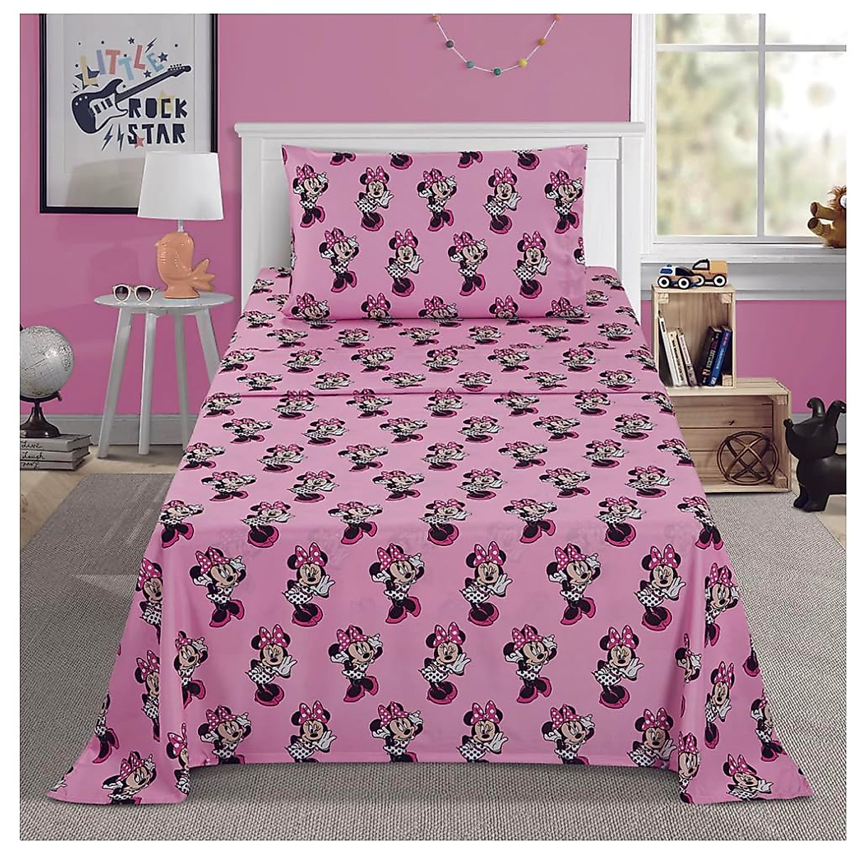 Jay Franco Twin Size Sheet Set 3 Pieces Kids Set (Minnie Mouse), Pink, Black, JF14545