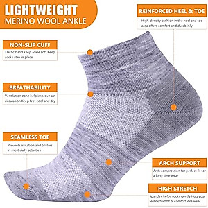 RZTT 90% Merino Wool Socks for Women, Running Ankle Socks for Men, Lightweight Breathable Low Cut No Show Athletic Socks with Arch Support,3 Pack,Medium,Light Grey
