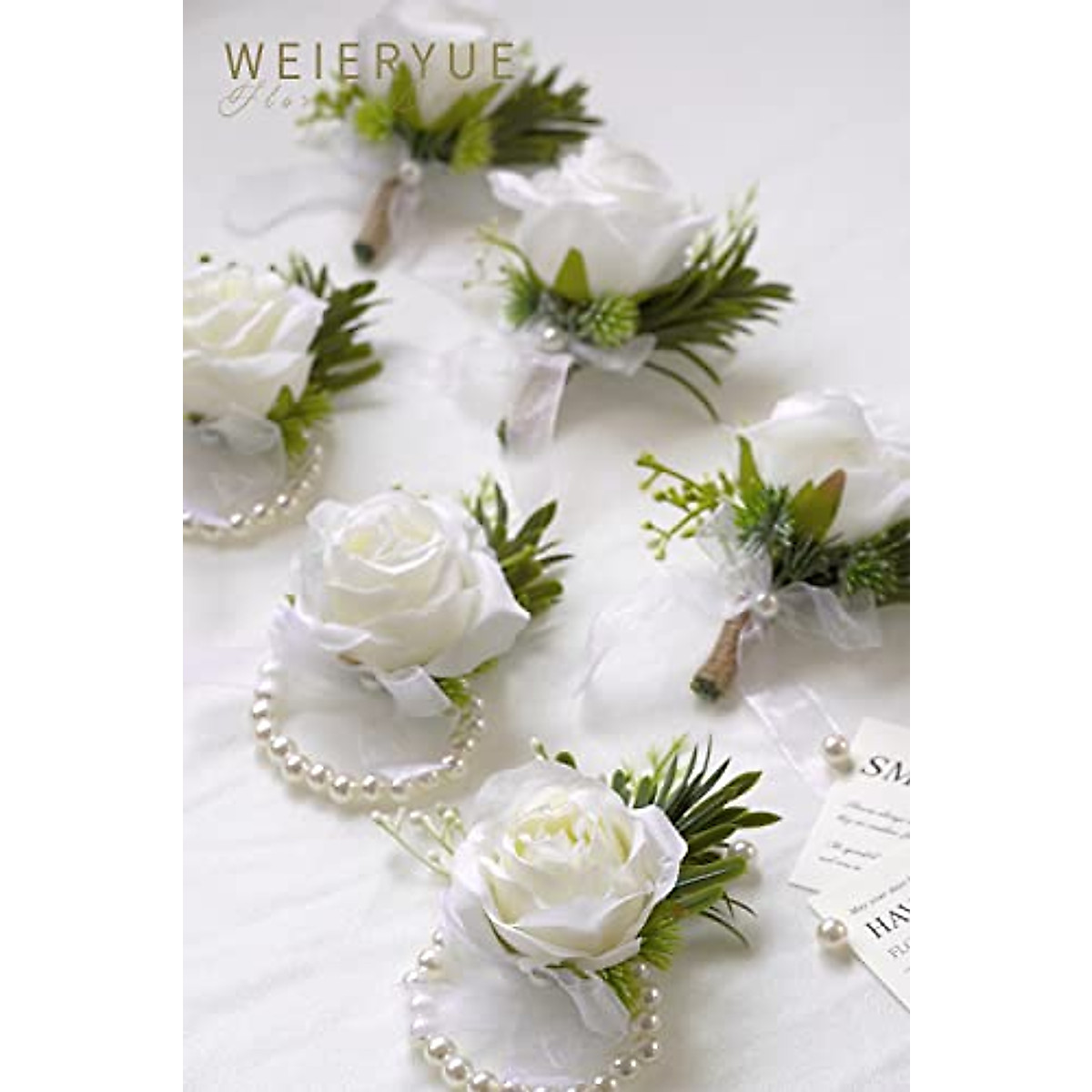 WEIERYUE White Rose Wrist Flowers and Men's Corsage Wedding Flowers Ceremony,2Pcs Boutonniere Buttonholes and Wrist Corsage Wristband Roses Wrist Corsage(White Rose Set)