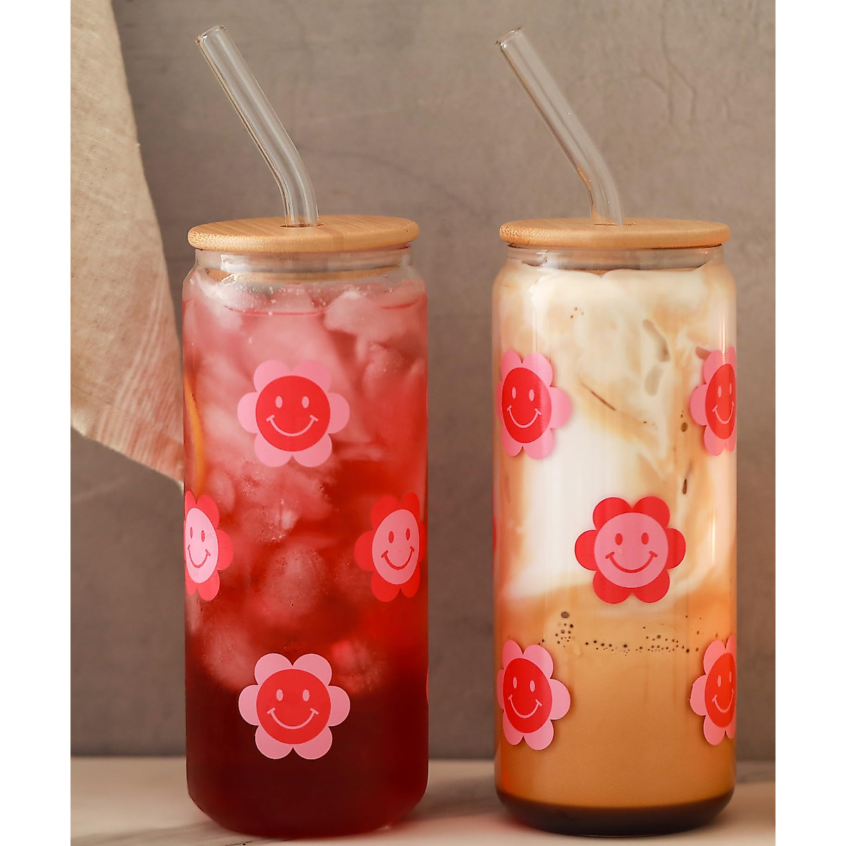 Olvini 20oz Glass Cups with Bamboo Lids and Glass Straws Set of 2 - Can Shaped Drinking Glasses, Cute Iced Coffee Cup, Glass Tumbler, Aesthetic Cups, Smiley Face