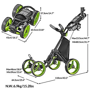 caddytek 4 Wheel Golf Push Cart - Compact, Lightweight, Close Folding Push Pull Caddy Cart Trolley - Explorer V8, Lime