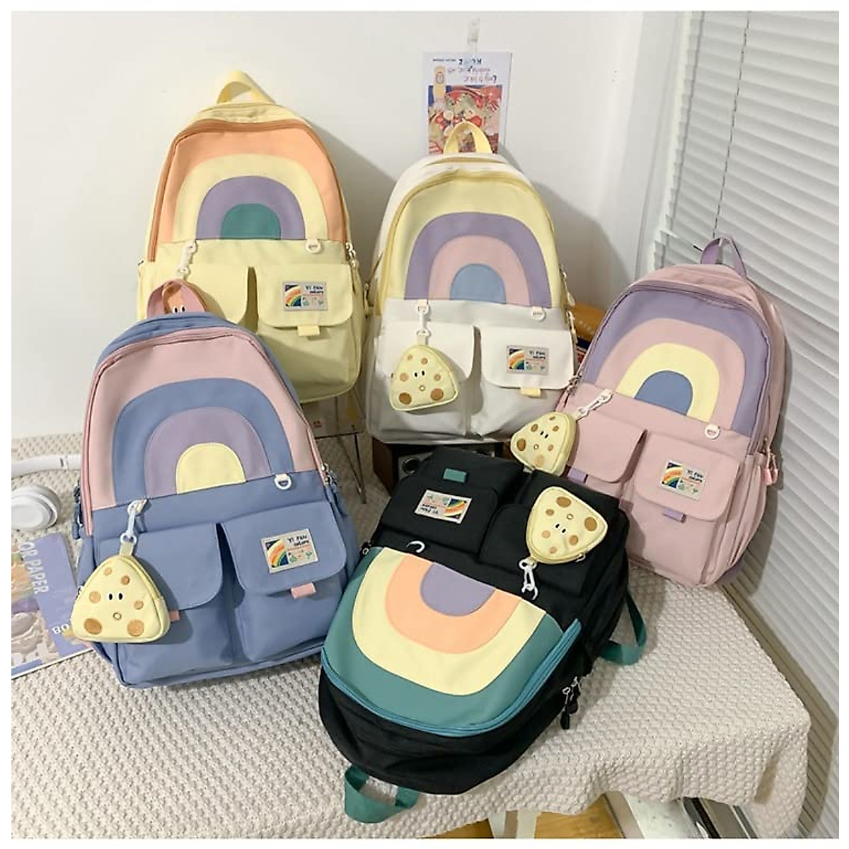 BOUTIKOME Kawaii Backpack with Cute Pendant Japanese Aesthetic Large Capacity Waterproof Backpack Casual Daypack（Yellow,One Size）