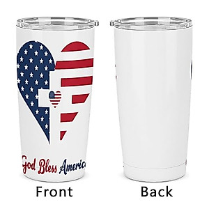 God Bless America Heart Flag Patriotic 20 OZ Stainless Steel Tumbler Travel Car Coffee Mug with Straw Lid Cleaning Brush Coffee Tumbler Mug for Women Men
