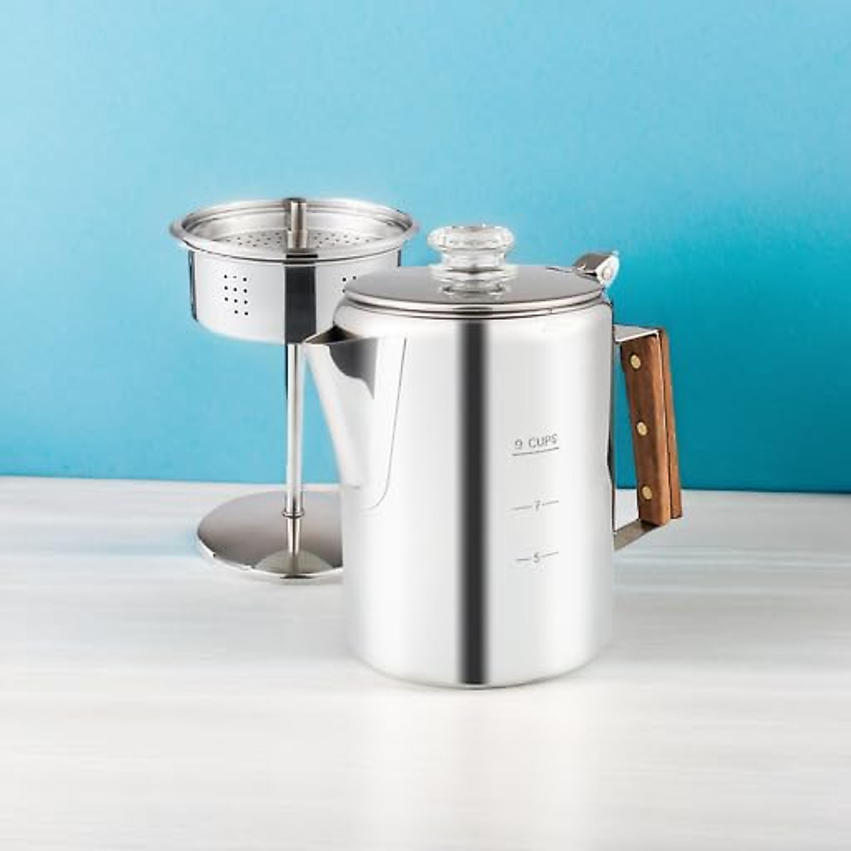 APOXCON Multi Use Coffee Percolator Using On Indoor Induction Cooktop, Electric Stove, Outdoor Campfire Stovetop, Camping Coffee Pot with Glass Knob Top 9 Cup