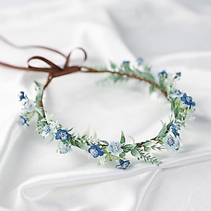 KorViSHOW Handmade Blue Flower Crown Green Leaf Headdress for Women Girls Flower Headband Bridal Headpiece Fairy Wreath for Birthday Party Festival Cosplay