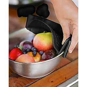 Clip On Kitchen Food Strainer for Spaghetti, Meat, Pasta, & Ground Beef Grease, Colander & Sieve Snaps or Clips Onto Bowls, Pots & Pans Includes Silicone Drainer, Brush & Garlic Peeler (Black)