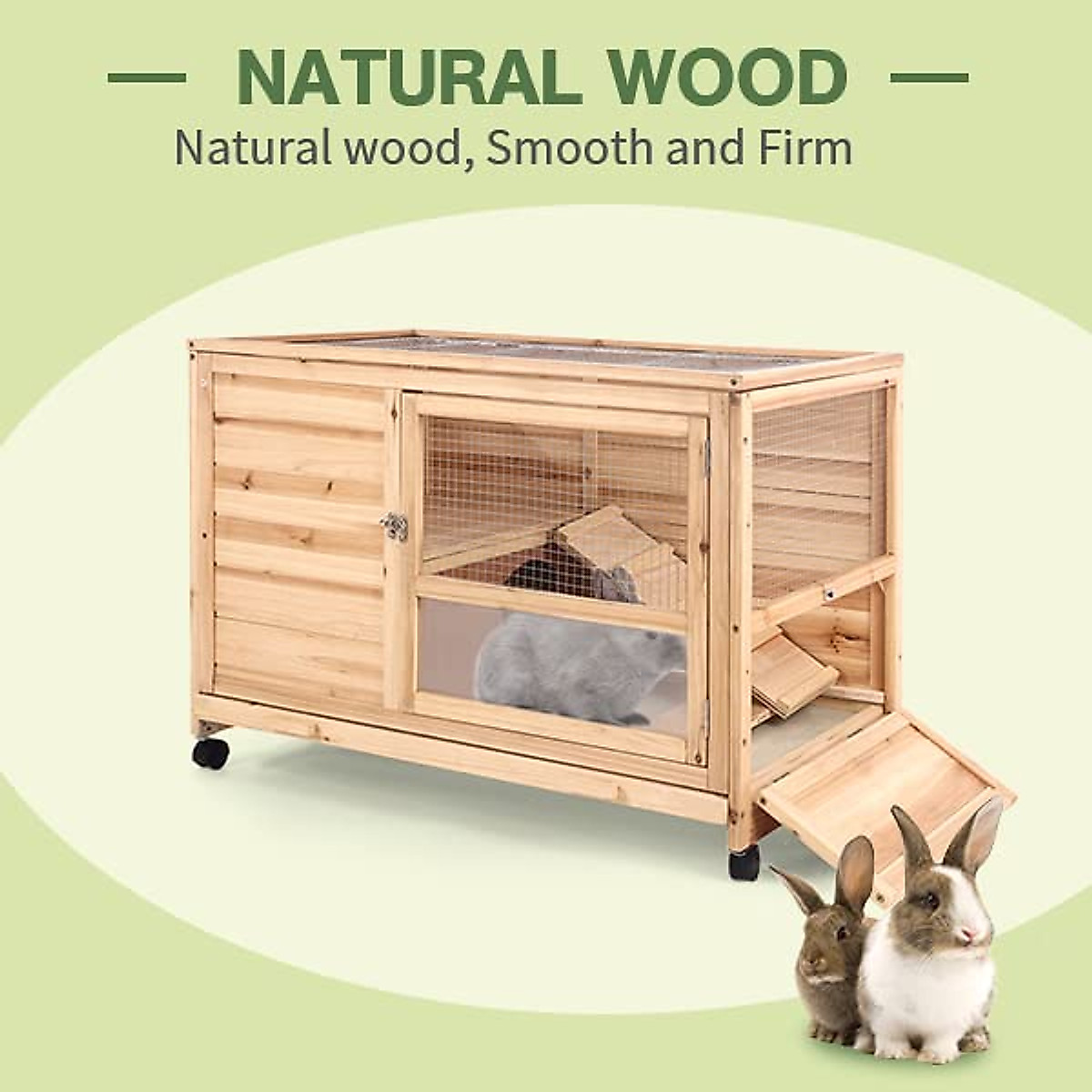 YOLENY Rabbit Hutch, Wooden Small Animal Cage, Bunny Hutch Indoor Rabbit Cage, Outdoor Guinea Pig Cage Hedgehog Cage, Removable Tray, Safety Lock, Galvanized Mesh Wires, Access Ramps