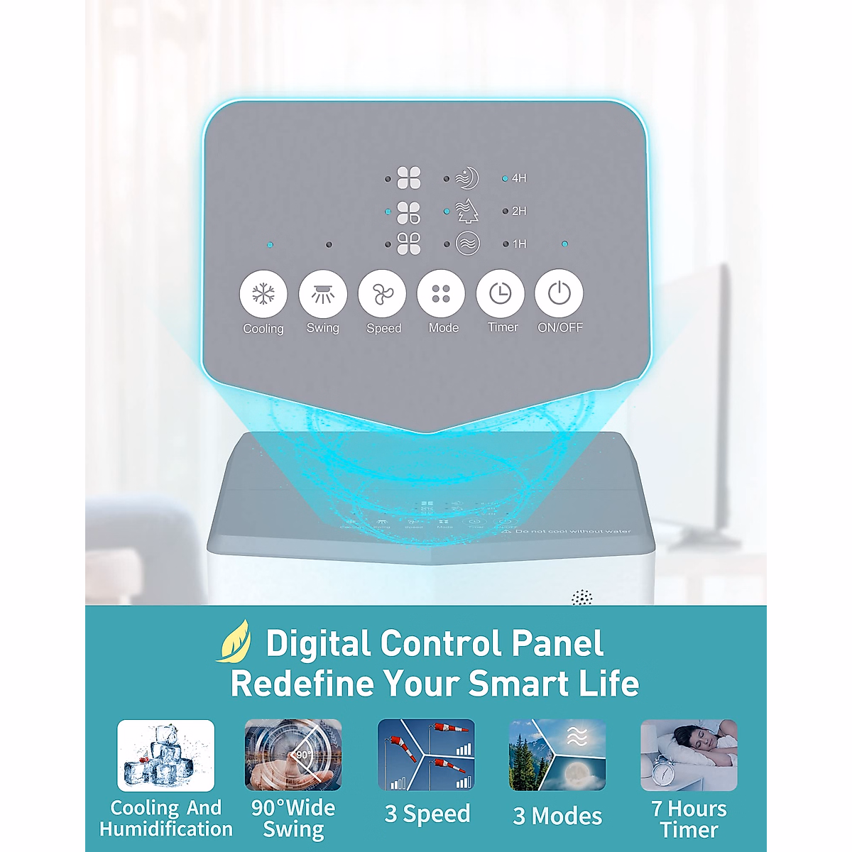 Evaporative Air Cooler, Bladeless Tower Fan & Humidifier with 3 Modes, Portable Swamp Fan with Oscillation, 3 Speeds, 1 Gallon Water Tank, Remote Control, Timer, for Home Indoor