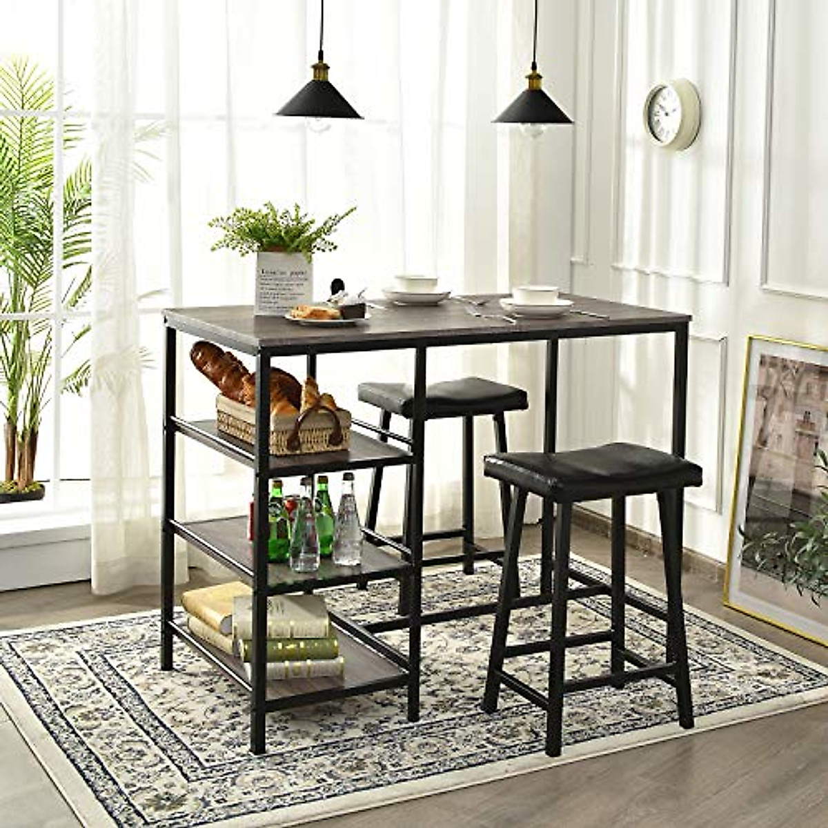 Giantex 3 Piece Dining Table Set, Counter Height Pub Table & Chairs Set, 3 Tier Storage Shelves, Kitchen Table Set, Industrial Bar Table with 2 Pub Stools Upholstered, 47 x 23.5 x 36 Inch
