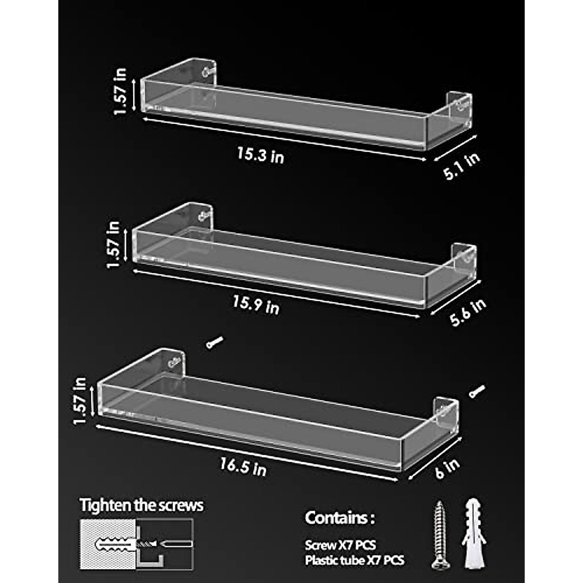 MaxGear Acrylic Shelves Clear Floating Shelves for Wall, Heavy Duty Acrylic Clear Display Shelves with Edge, 5mm Extra Thicker Hanging Shelves Floating Bookshelves for Bathroom, Bedroom, Kitchen