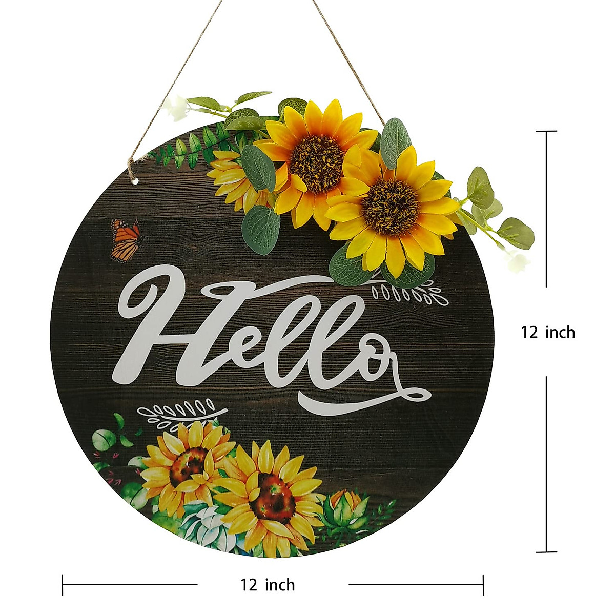 Autonomier Hello Welcome Wood Wall Hanging Sign, Colourful Sunflower Wooden Front Door Decor, Round Antique Wood Rustic Porch Decoration for Home Office Garden Farmhouse, 12 x 12 Inch（Brown）