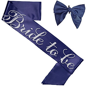 Blue Bride Sash - Set of 2: Crystal Flirty Bride to Be on Navy Blue Bridal Grade Satin Sash & Navy Satin Bow Clip - Something Blue for Bride - Set2(Flrt SshBw) NVY