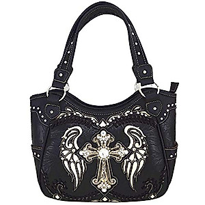 Western Style Cross Laser Cut Wings Purse Concealed Carry Handbags Women Country Shoulder Bag Wallet Set (#4 Black Set)