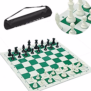 FIBVGFXD Traveling Portable Chess Traditional Chessboard Set, for Tournament Club with Green Roll-up Board + Plastic Bag Chess Game (34.5 x 34.5cm)