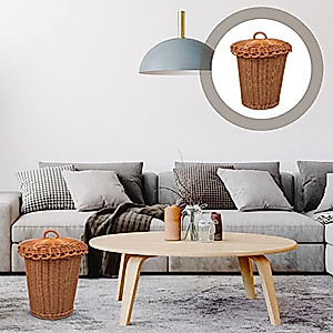 Operitacx Baskets Rattan Wastebasket Round Waste Bin with Lid Farmhouse Trash Can Garbage Container Laundry Sundries Bins for Kitchen Living Room Bedroom Bathroom Straw Container