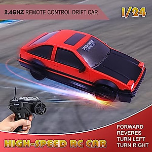 Remote Control Car RC Drift 2.4GHz 1:24 Scale 4WD 15KM/H High Speed Model Vehicle with LED Lights Drifting Tire Racing Sport Toy for Adults Boys Girls Kids Gift 2Pcs Rechargeable Batteries