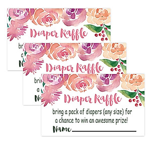 50 Watercolor Flowers Diaper Raffle Tickets for Baby Shower Invitation Inserts, Baby Shower Game Cards.
