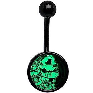Body Candy Unisex Adult Black Glow in the Dark Katrina Sugar Skull Belly Button Ring