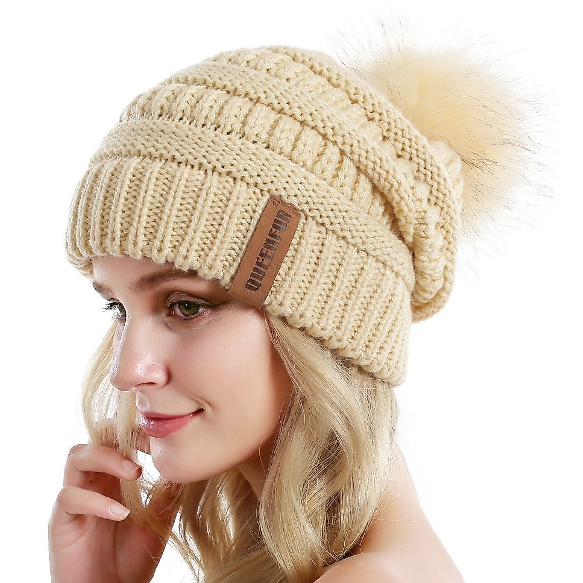 QUEENFUR Women Knit Slouchy Beanie Chunky Baggy Hat with Faux Fur Pompom Winter Soft Warm Ski Cap