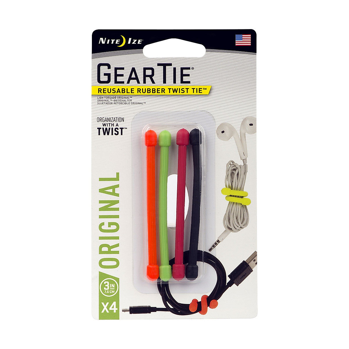 Nite Ize Gear Bendable Tie, 3in - Asst. 4 Pack O,G,R,Blk GT3-4PK-A1