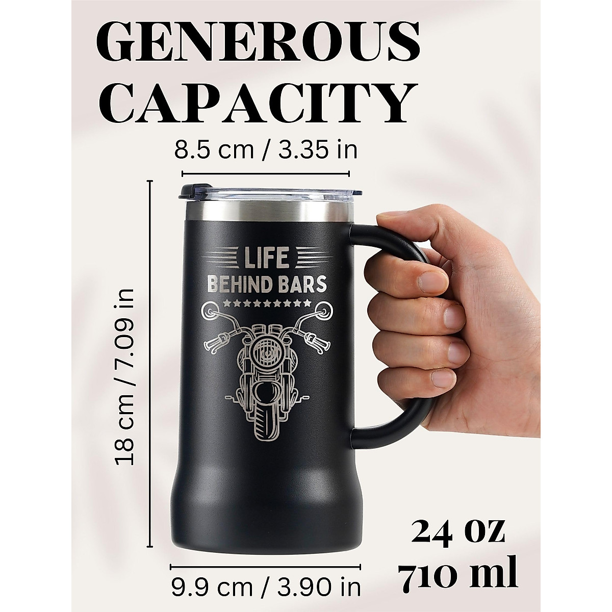 Onebttl Motorcycle Gifts for Men, Life Behind Bars, Stainless Steel Beer Stein Tumbler, 24oz Beer Mug with Lid