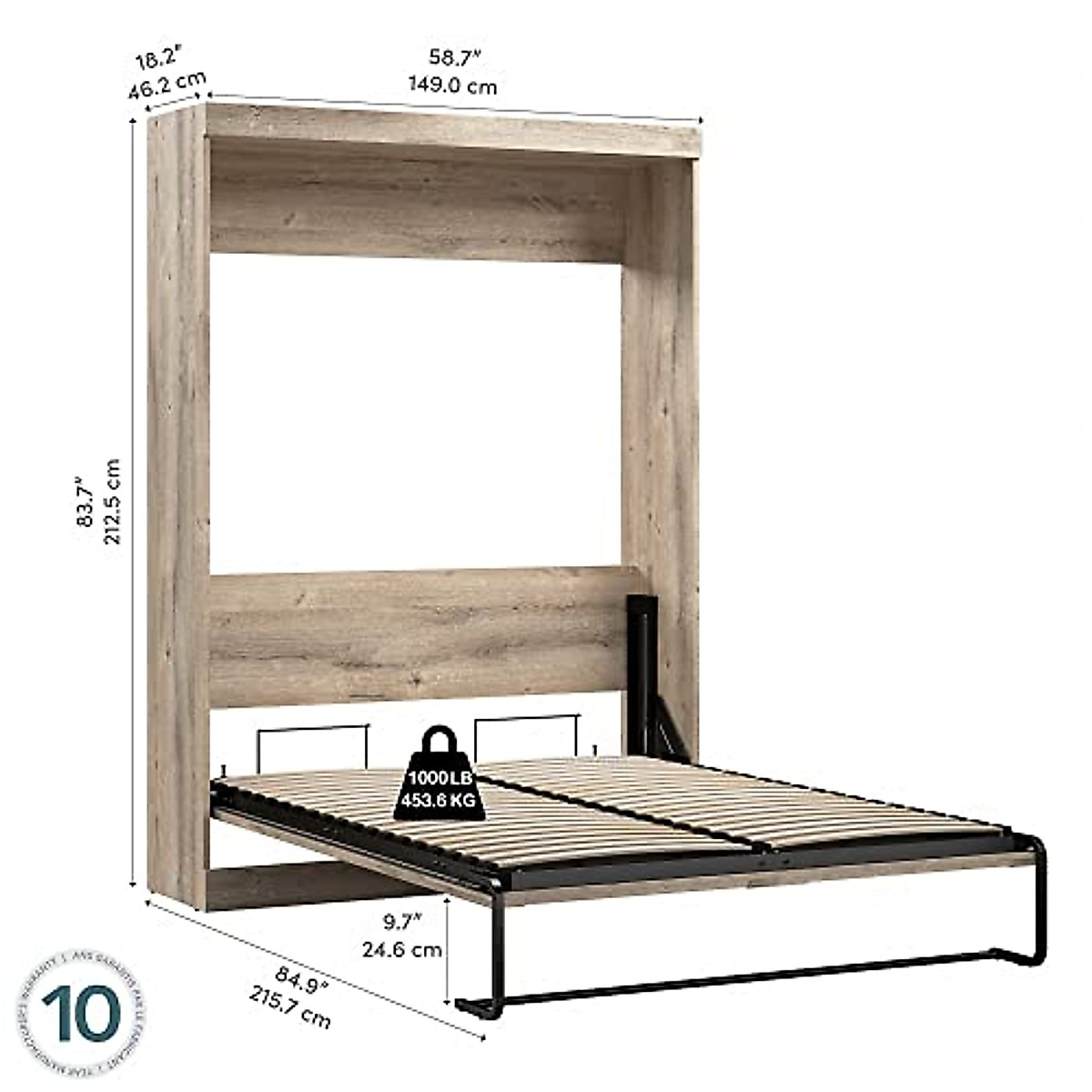 BESTAR Pur Murphy, Space-Saving Wall Bed for Multipurpose Guest Room or Home Office, Full, Rustic Brown