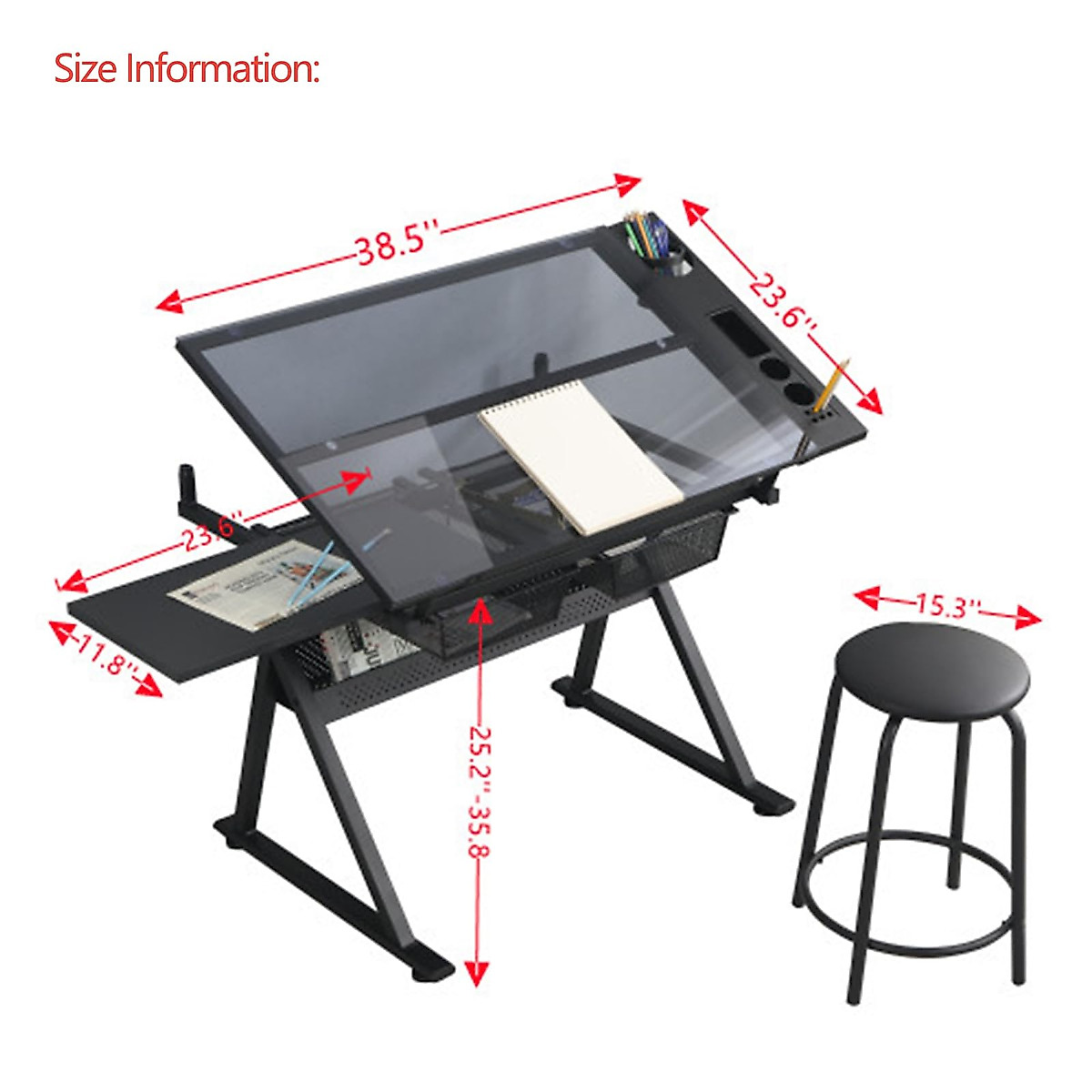 KNAMOTL Drawing Printing Table with Drawer Chair, Adjustable Tempered Glass Drawing Table for Office School, Artist, Architect, Black
