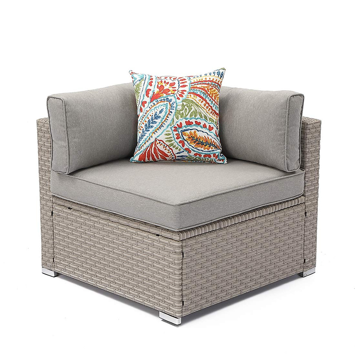 COSIEST Outdoor Furniture Add-on Left Corner Chair for Expanding Wicker Sectional Sofa Set w Warm Gray Thick Cushions, 1 Floral Fantasy Pillow for Garden, Pool, Backyard