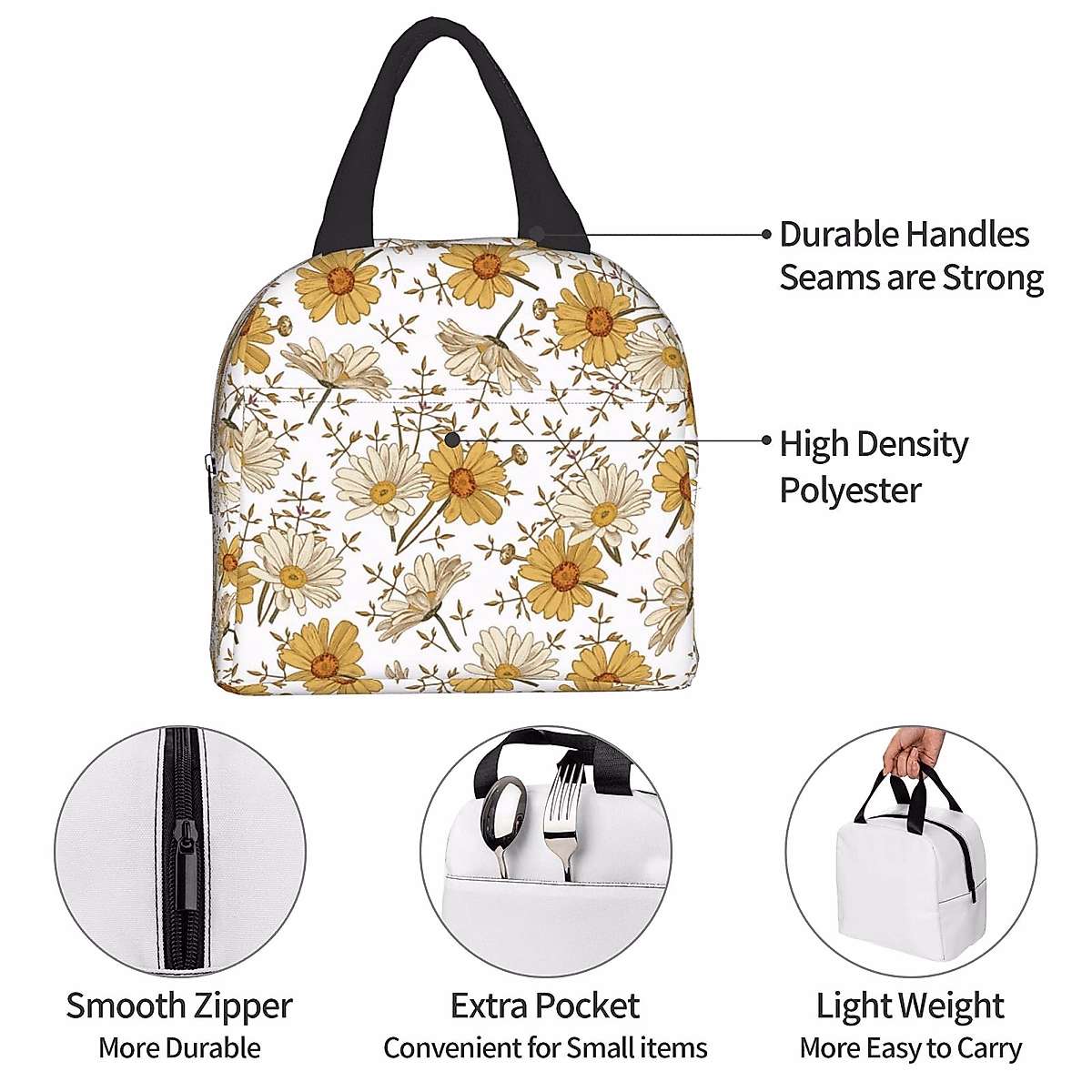 DADABULIUU Lunch Bag Vintage Daisy Yellow Flower Insulated Lunch Box Cooler Tote for Adults Kid Girl Women Work Office School Picnic Beach Reusable Lunchbox Over 3 Years Old