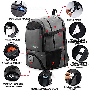 ZOEA Large Basketball Bag - Backpack for Basketball, Soccer & Volleyball Football Gym Includes Shoe & Ball & Laptop Compartment (Grey)