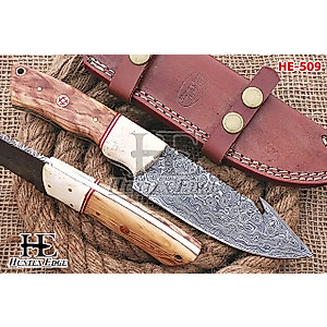 HUNTEX Handmade Hand-Forged Rain Drop Pattern Damascus Steel 9.5 Inch Long Full Tang Olive Wood Handle Razor Sharp Hunting Camping Gut Hook Knife w/Genuine Leather Pouch